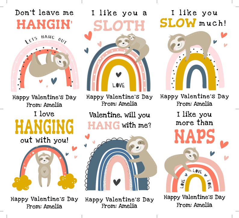 Sloth Valentines Day Card Template, Rainbow Valentines Cards for Kids ...