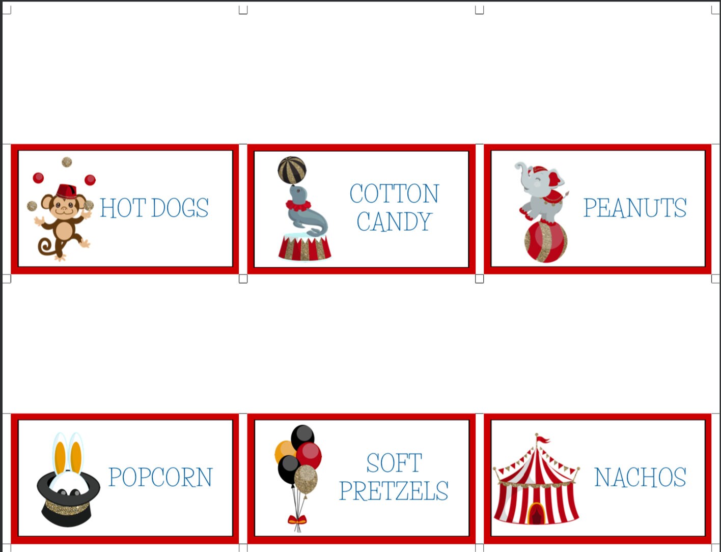 Circus Birthday Party Food Labels Template Tent Fold Carnival | Etsy