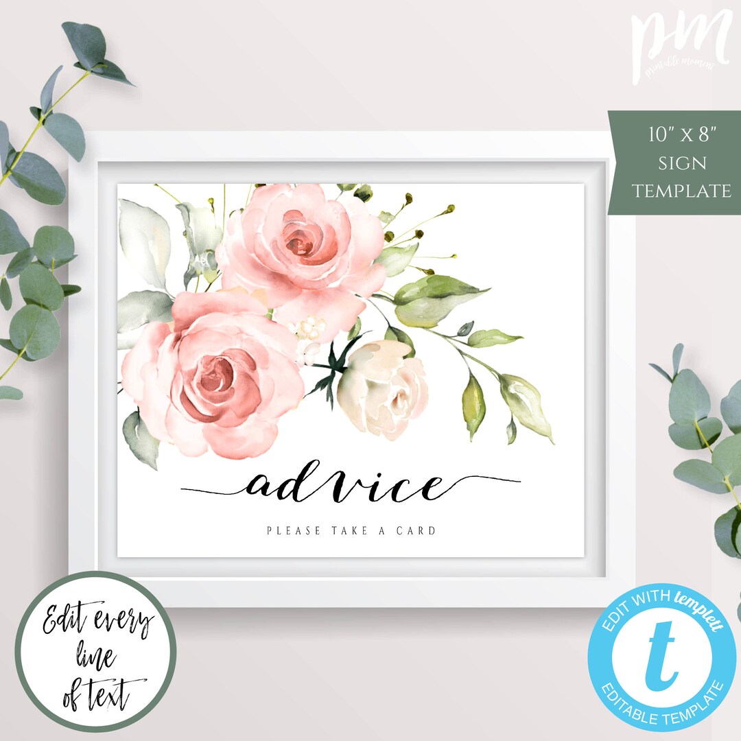 Pink Floral Advice Sign Template, Pink Advice Sign, Bridal Shower ...