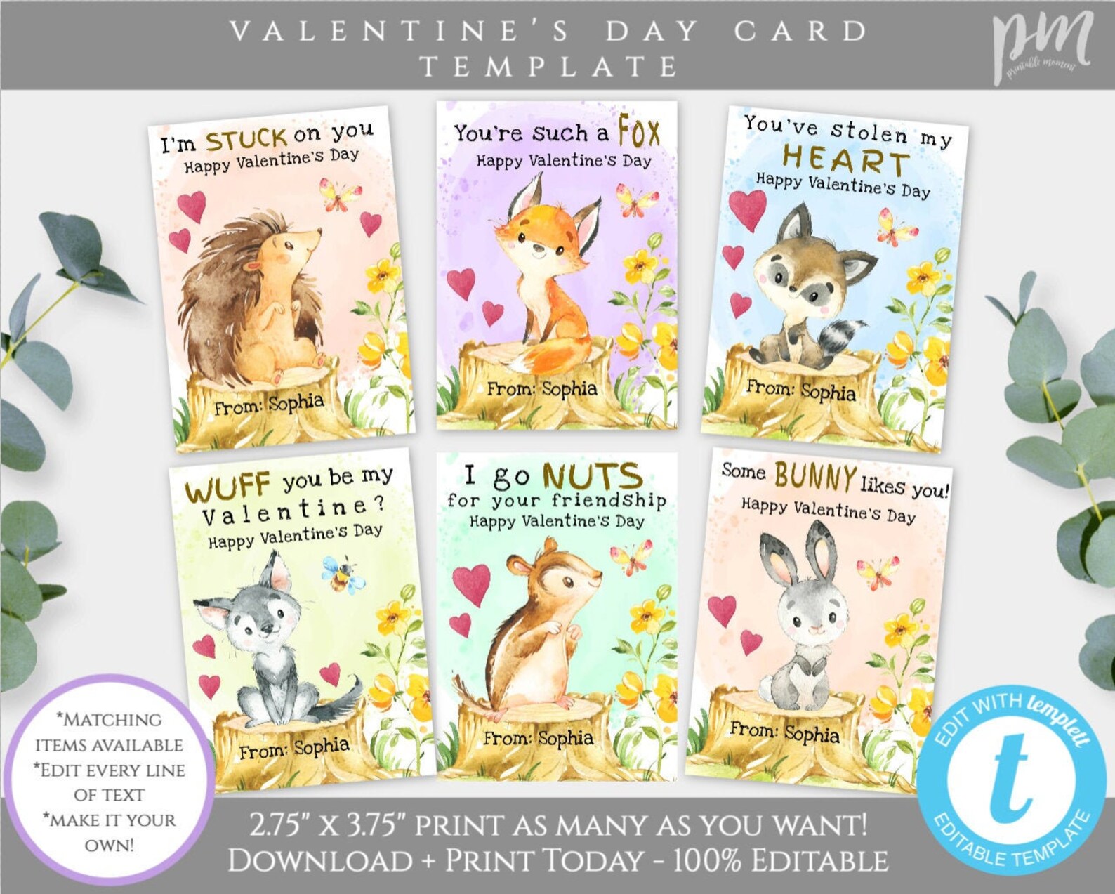 Woodland Animal Valentines Day Card Template Forest Animal - Etsy
