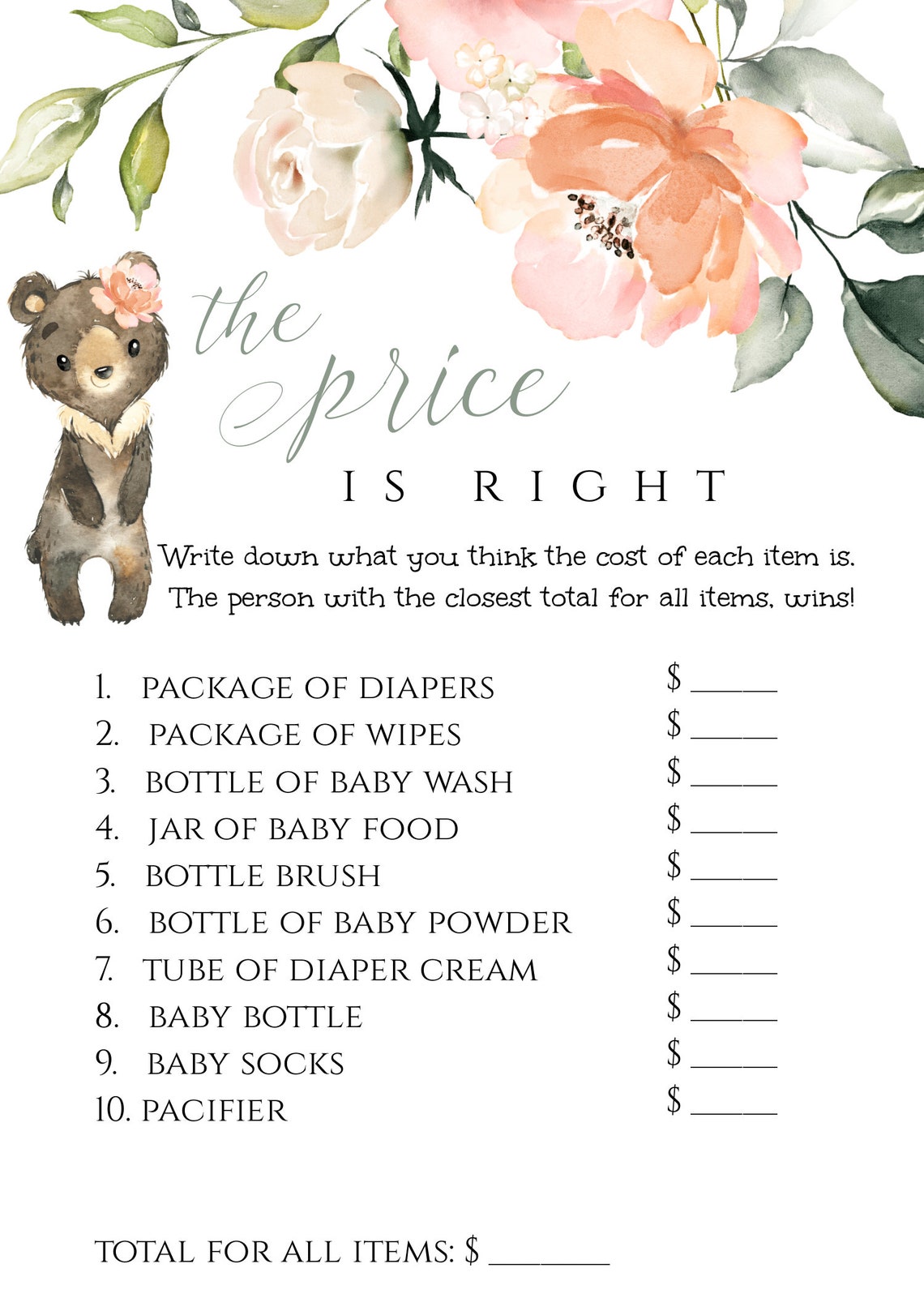 Bear Baby Shower Game the Price is Right Template, Editable Girl Baby ...