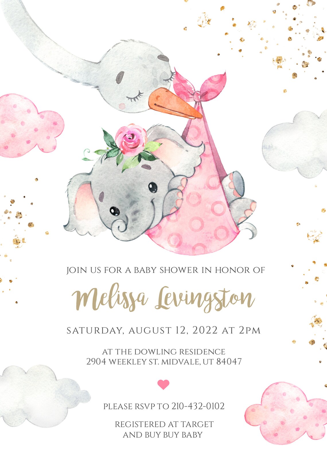 Pink Elephant Invitation Template Set for Girl, Editable Stork Baby ...
