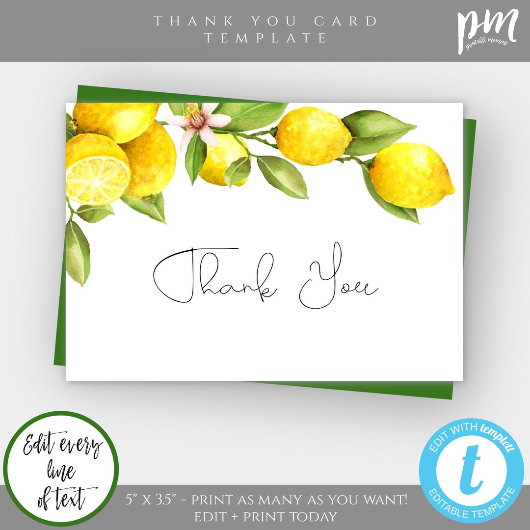 Lemon Thank You Card Template, Thank You Note Printable, Editable Card ...
