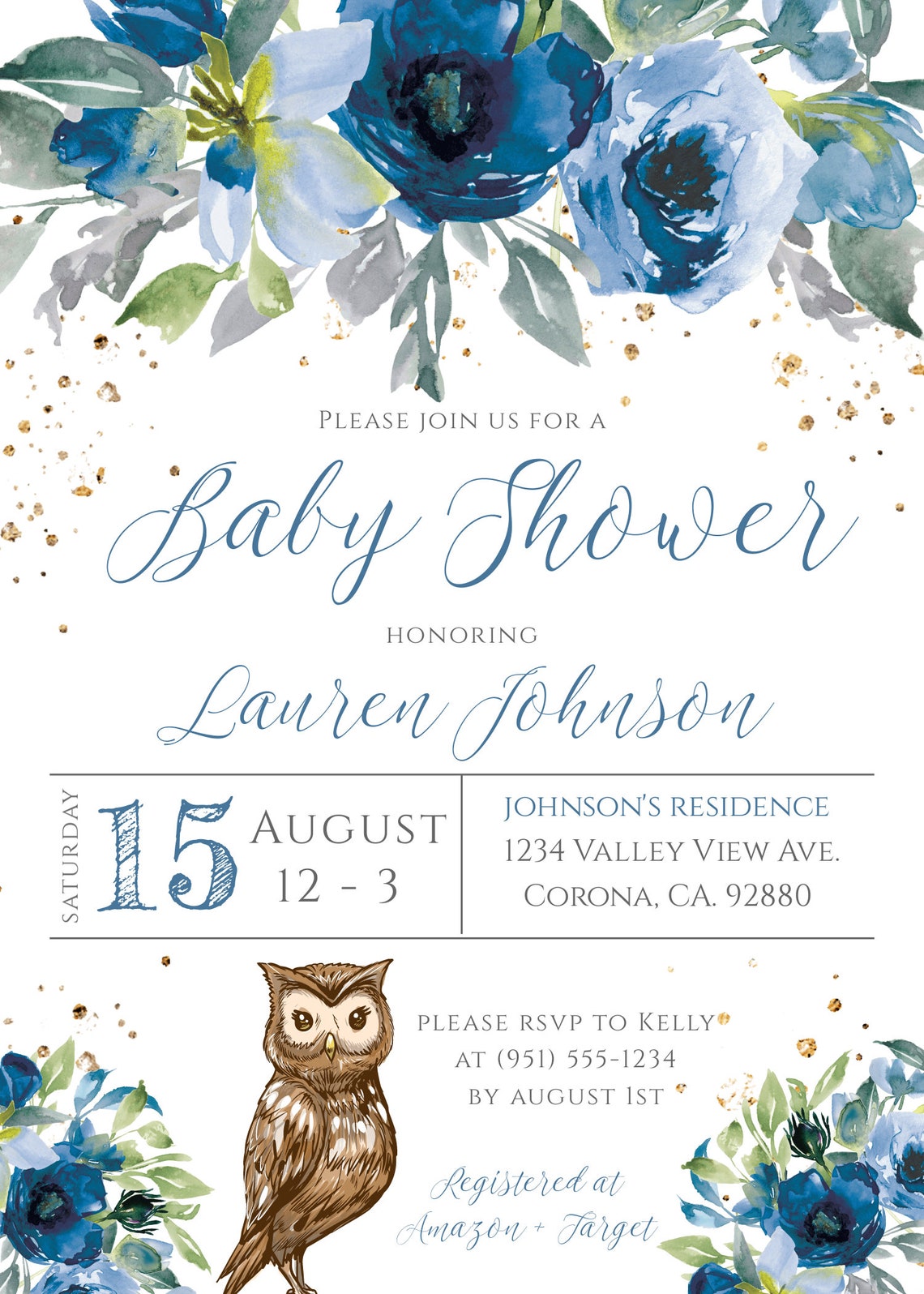 Owl Baby Shower Invitation Template Set Blue Owl Invite for | Etsy