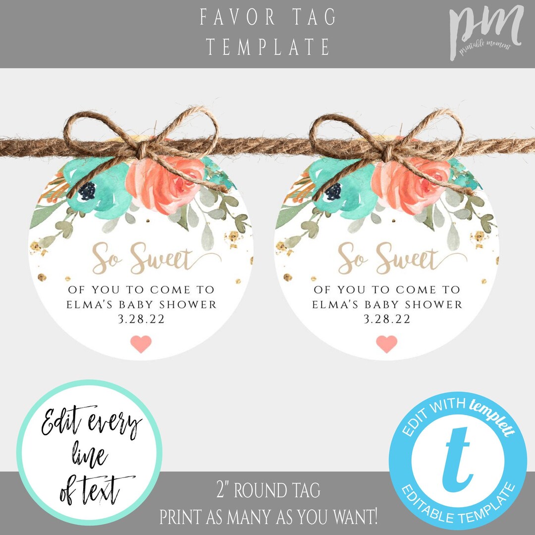 2" Round Mint + Coral Floral Favor Tag or Sticker Template, Tag ...