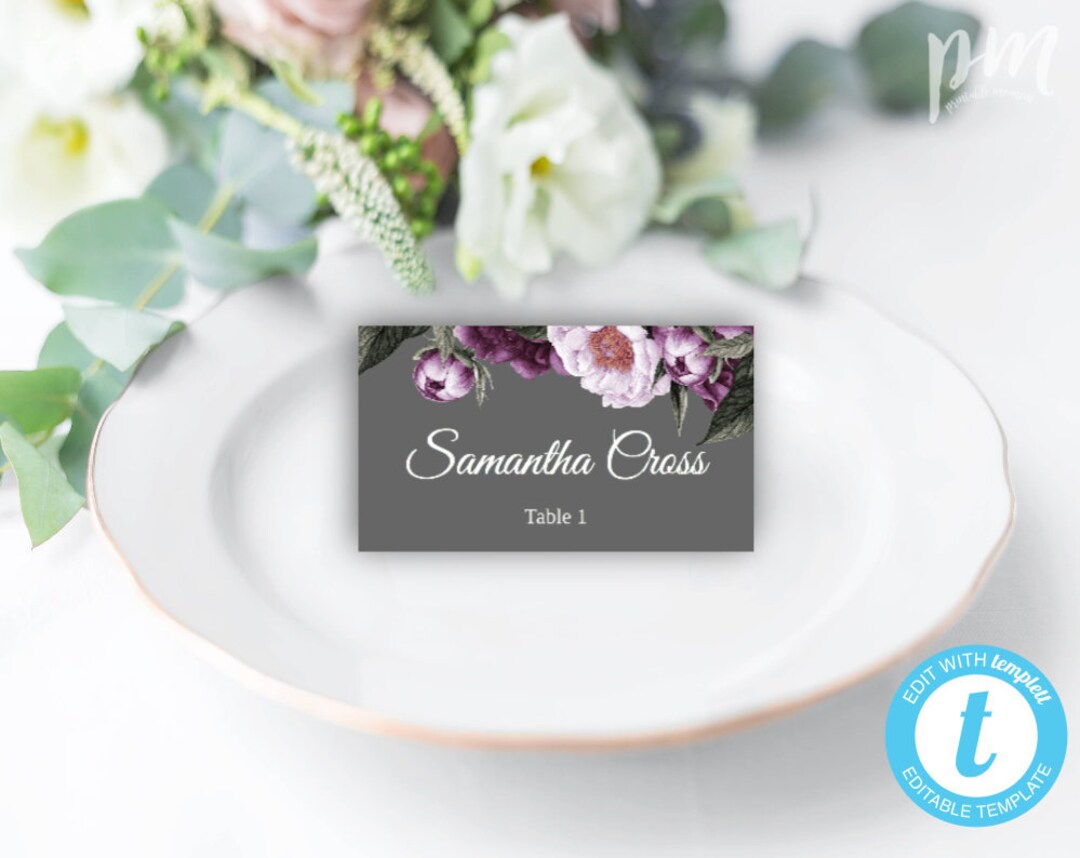 Gray and Plum Wedding Place Card Template, Gray Escort Cards, Printable ...