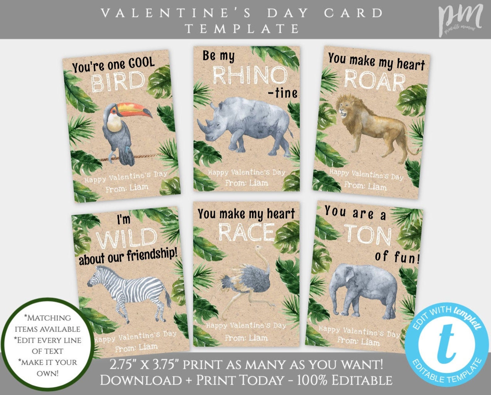 Safari Valentines Day Card Template Safari Valentines Cards | Etsy