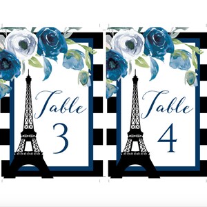 PARIS Table Numbers Template, Eiffel Tower Table Number, Blue Floral ...