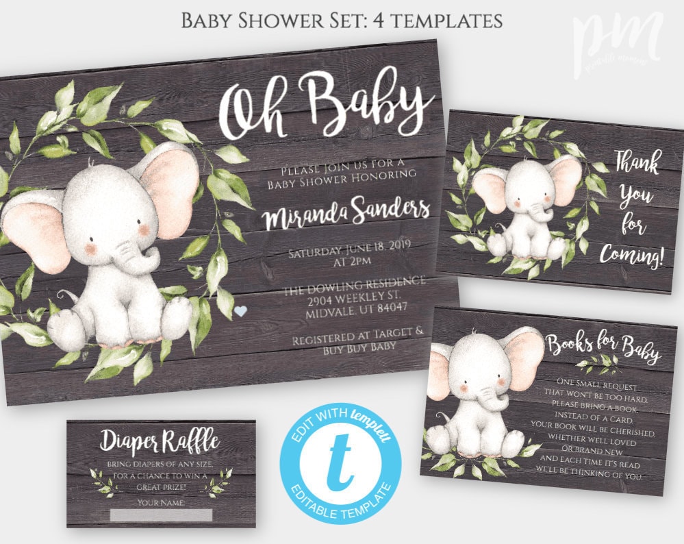 Rustic Elephant Baby Shower Invitation Template Set Jungle | Etsy