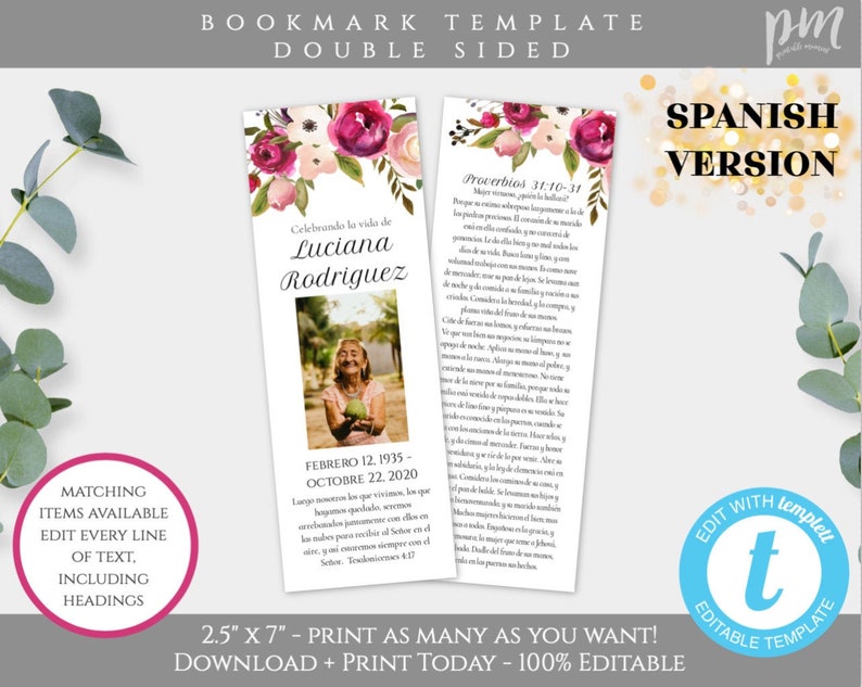 Spanish Personalized Bookmark for Funeral, Pink Floral Custom Bookmark ...
