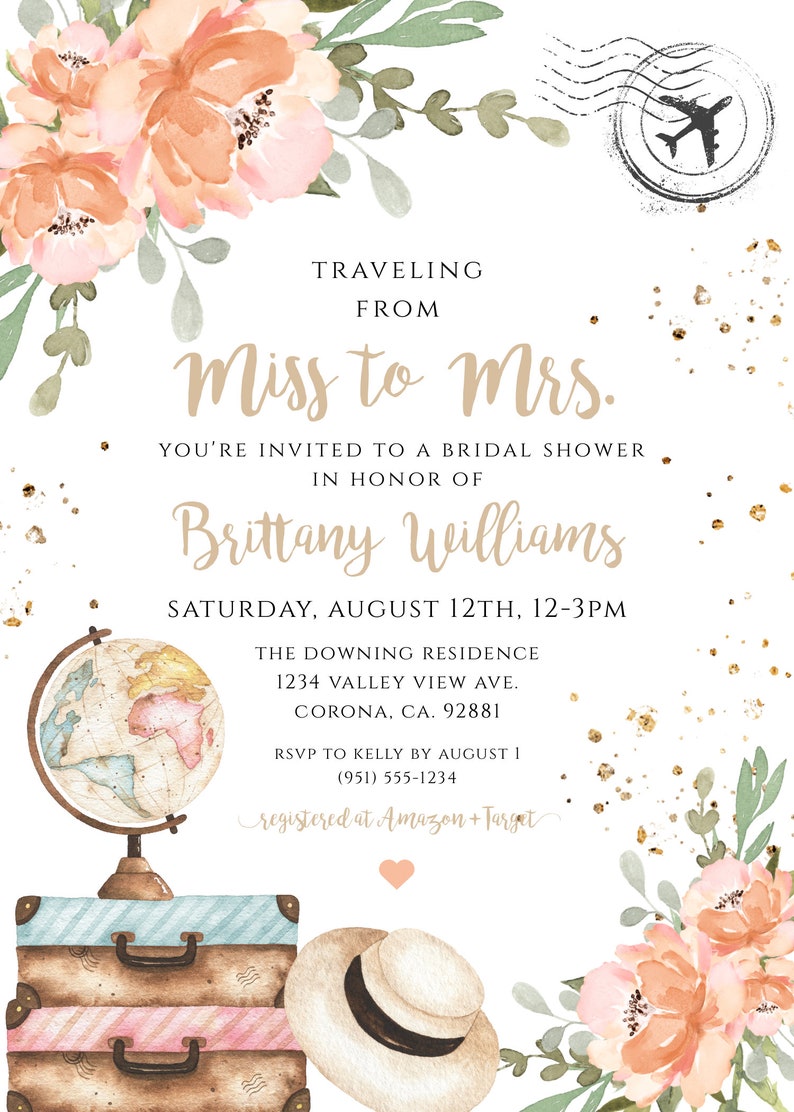 Traveling From Miss to Mrs Invitation Template Peach Floral - Etsy