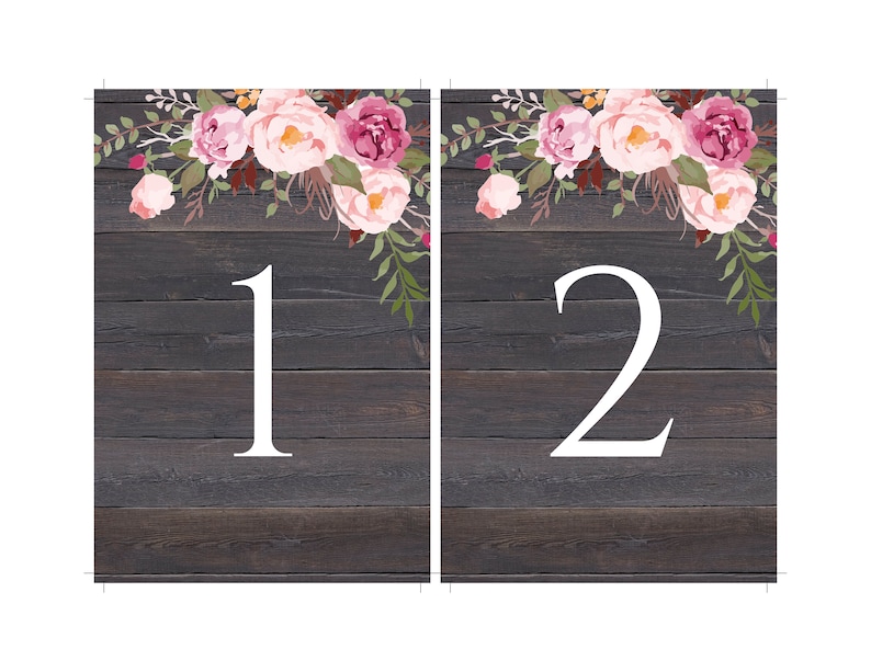 Rustic Floral Table Number Template, Pink Floral Wedding Table Number ...