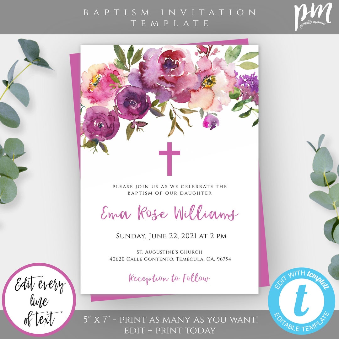 Watercolor Pink + Purple Floral Baptism Invitation Template, Baptism ...