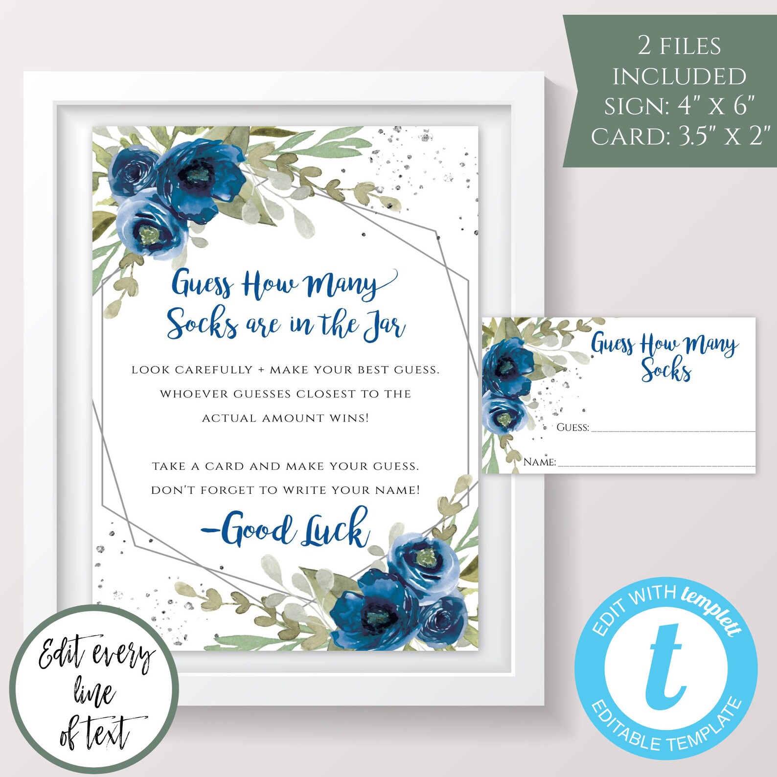 Guess How Many Socks Sign Cards Templates Blue Floral - Etsy