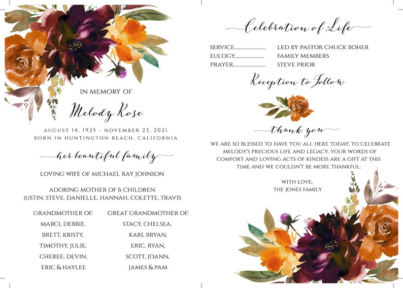Fall Floral Funeral Program Autumn Memorial Program Memorial | Etsy