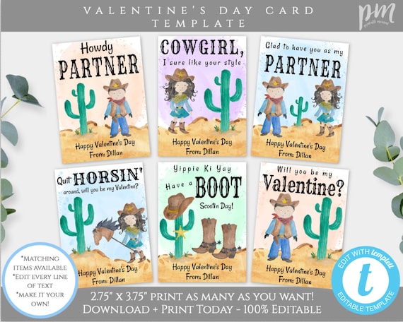 Cowboy Valentine Card Template Western Valentines Cards for | Etsy
