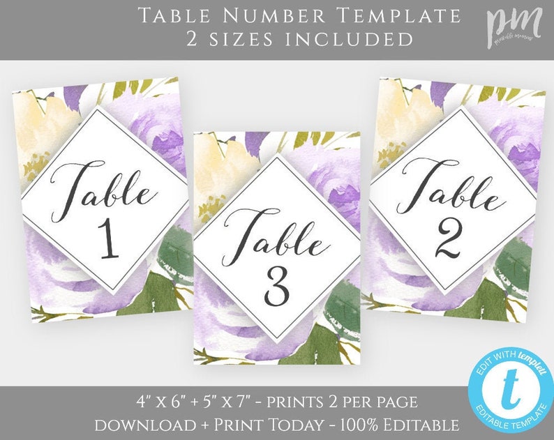 Wedding Table Number Template Printable Number Cards Purple - Etsy