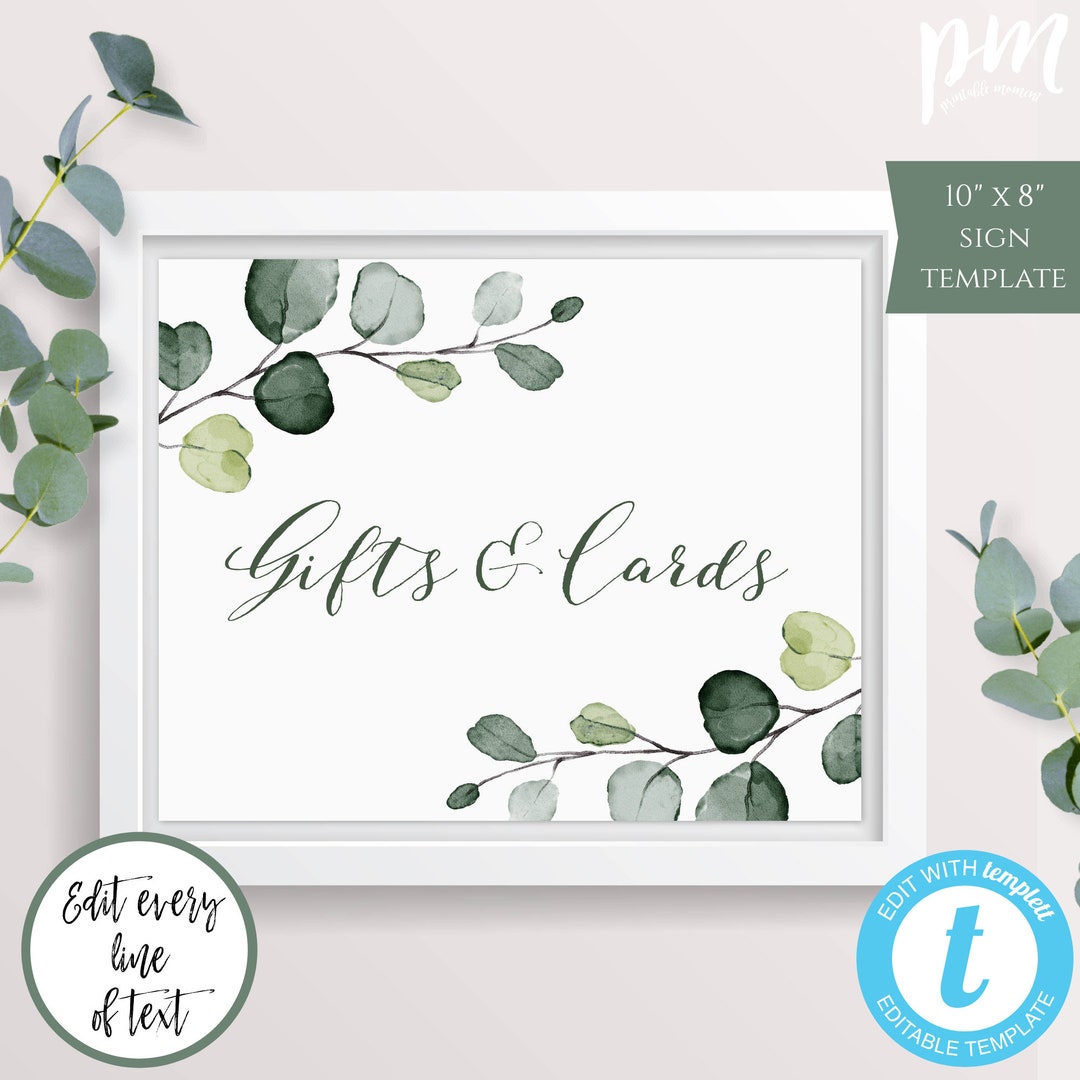 Greenery Gifts & Cards Sign Template, Cards + Gifts Sign, Printable ...