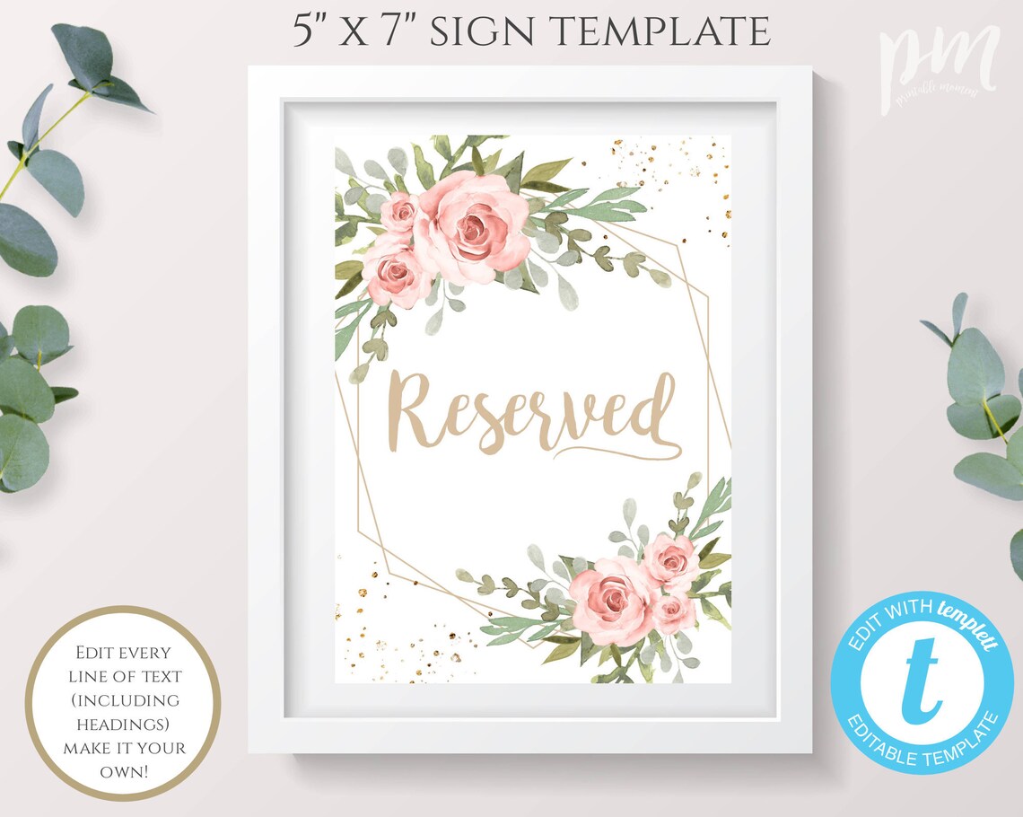 Pink Floral Reserved Sign Template Editable Gold Geometric - Etsy