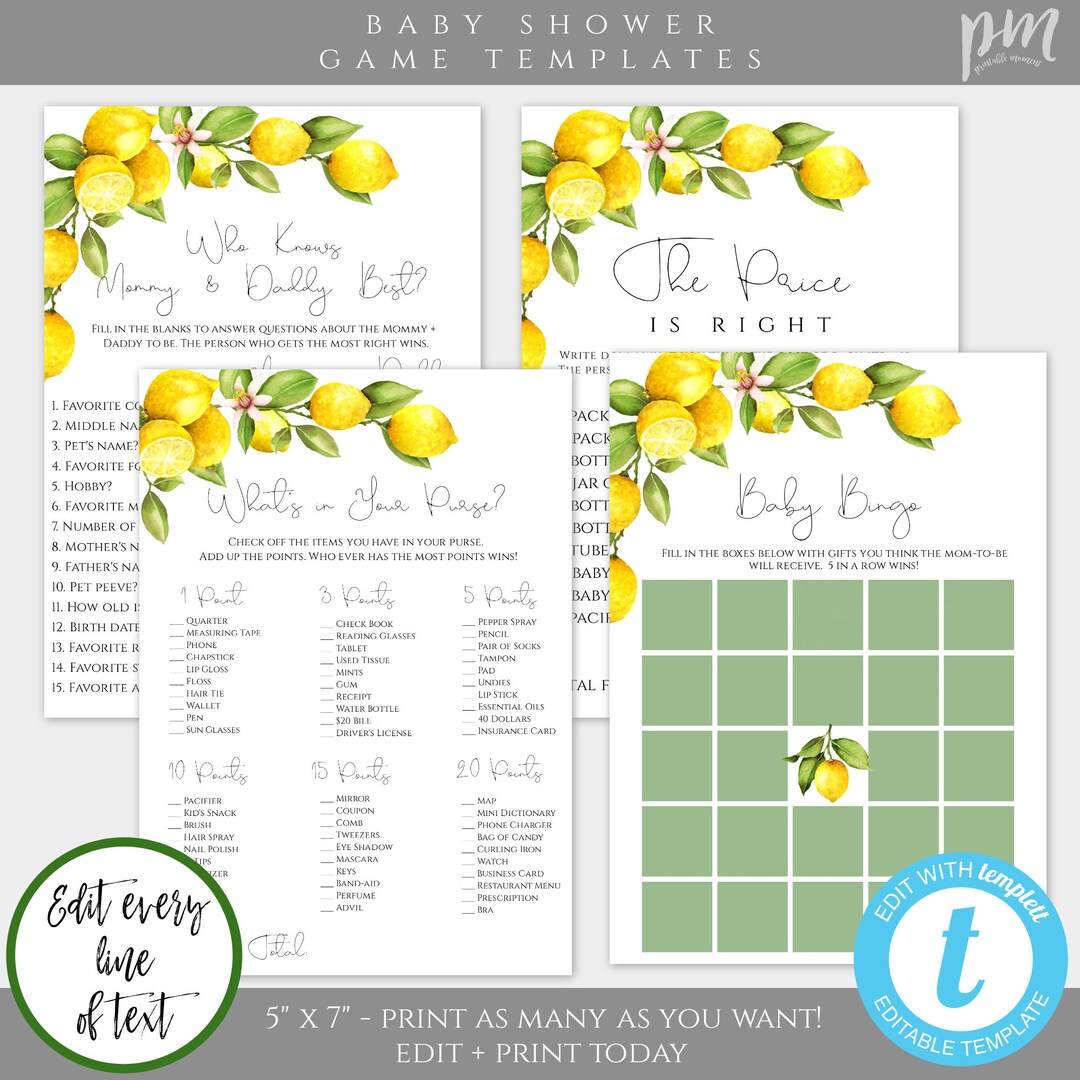 Lemon Baby Shower Game Template Set, Game Bundle for Lemon Baby Shower ...