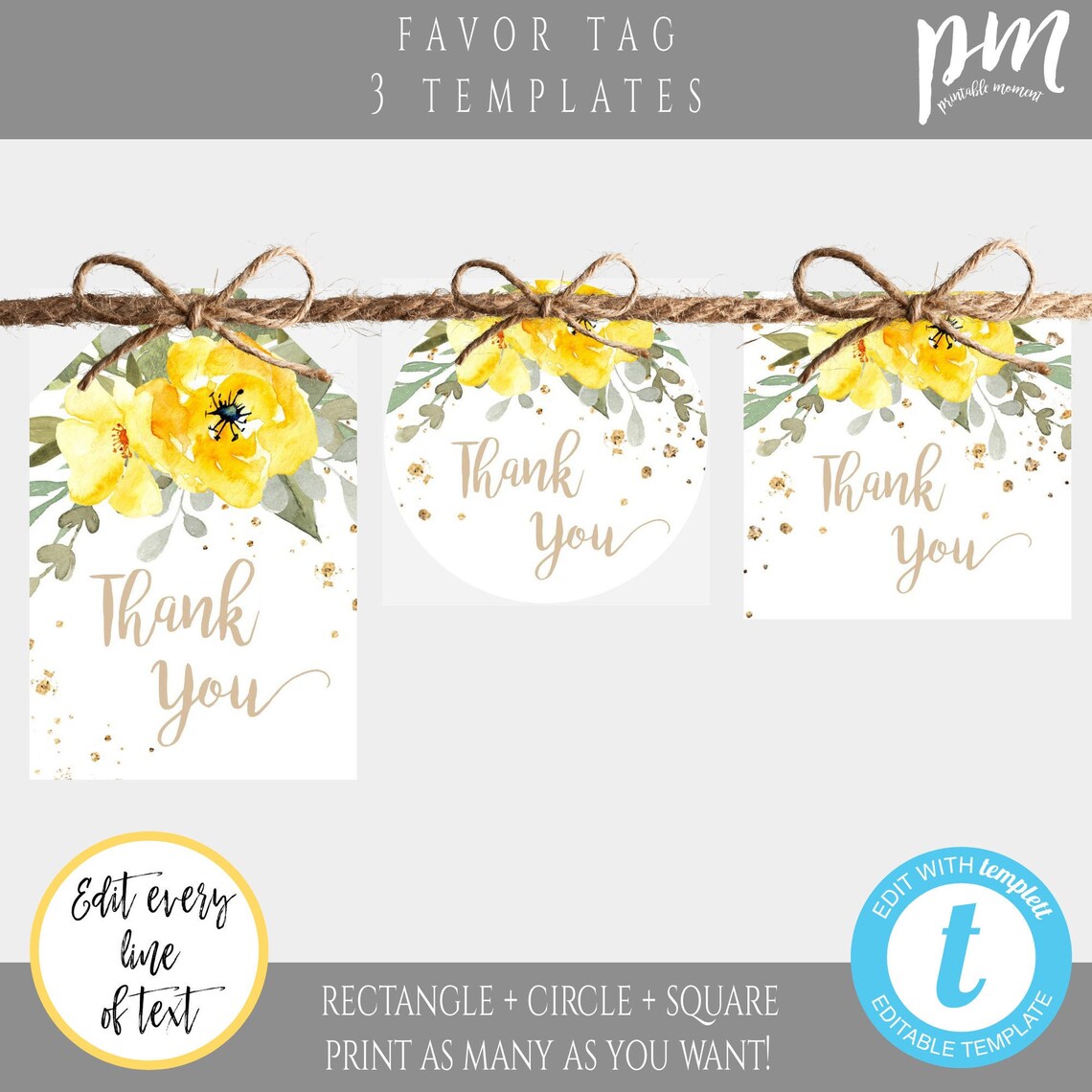 Yellow Floral Favor Tag Template Set of 3 Gold Tag - Etsy