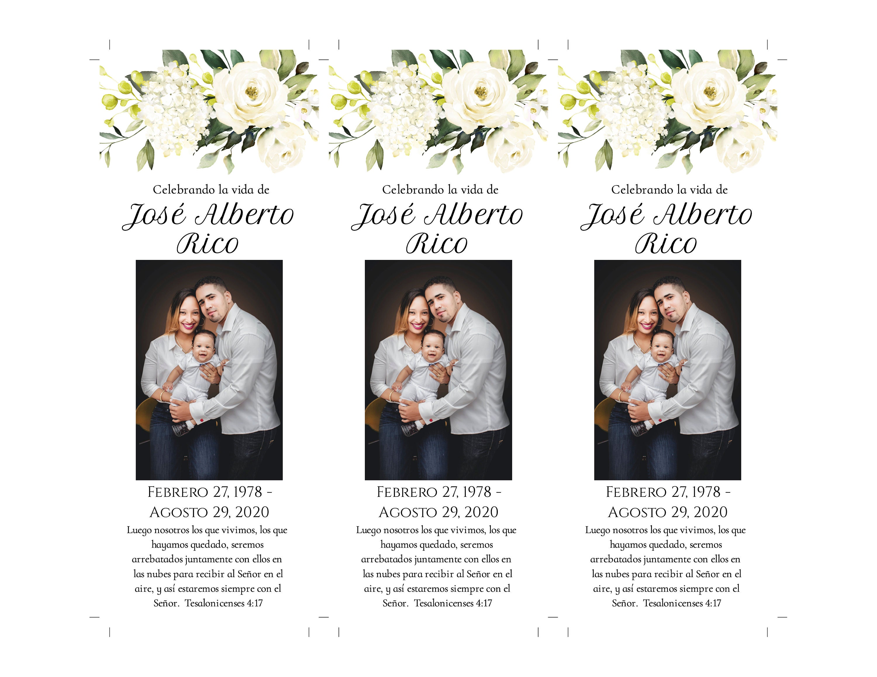 Editable Spanish Bookmark for Funeral Personalized White Floral ...