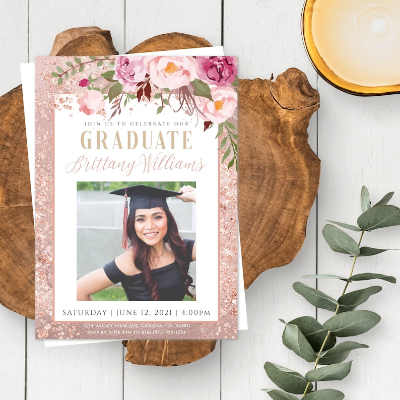 Rose Gold Glitter Graduation Invitation Template Graduation | Etsy