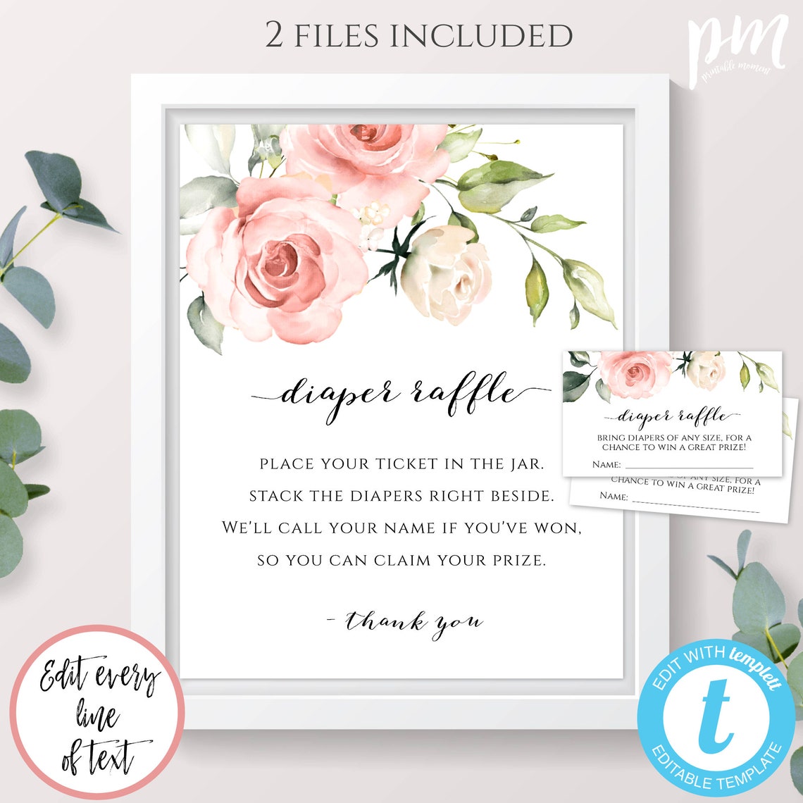 Pink Floral Diaper Raffle Sign Card Template Blush Pink | Etsy