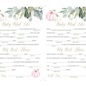 Baby Shower Mad Libs Game Template, Editable Pink Pumpkin Fall Baby ...