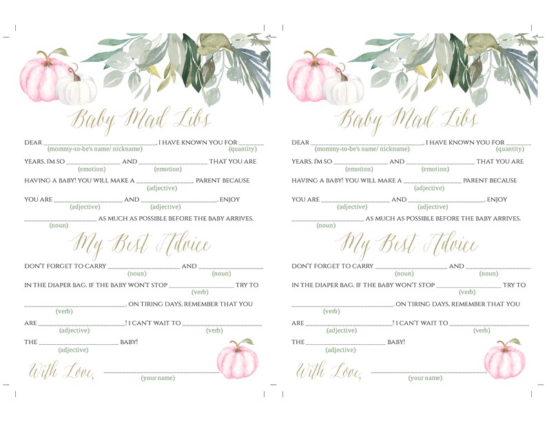 Baby Shower Mad Libs Game Template Editable Pink Pumpkin Fall - Etsy