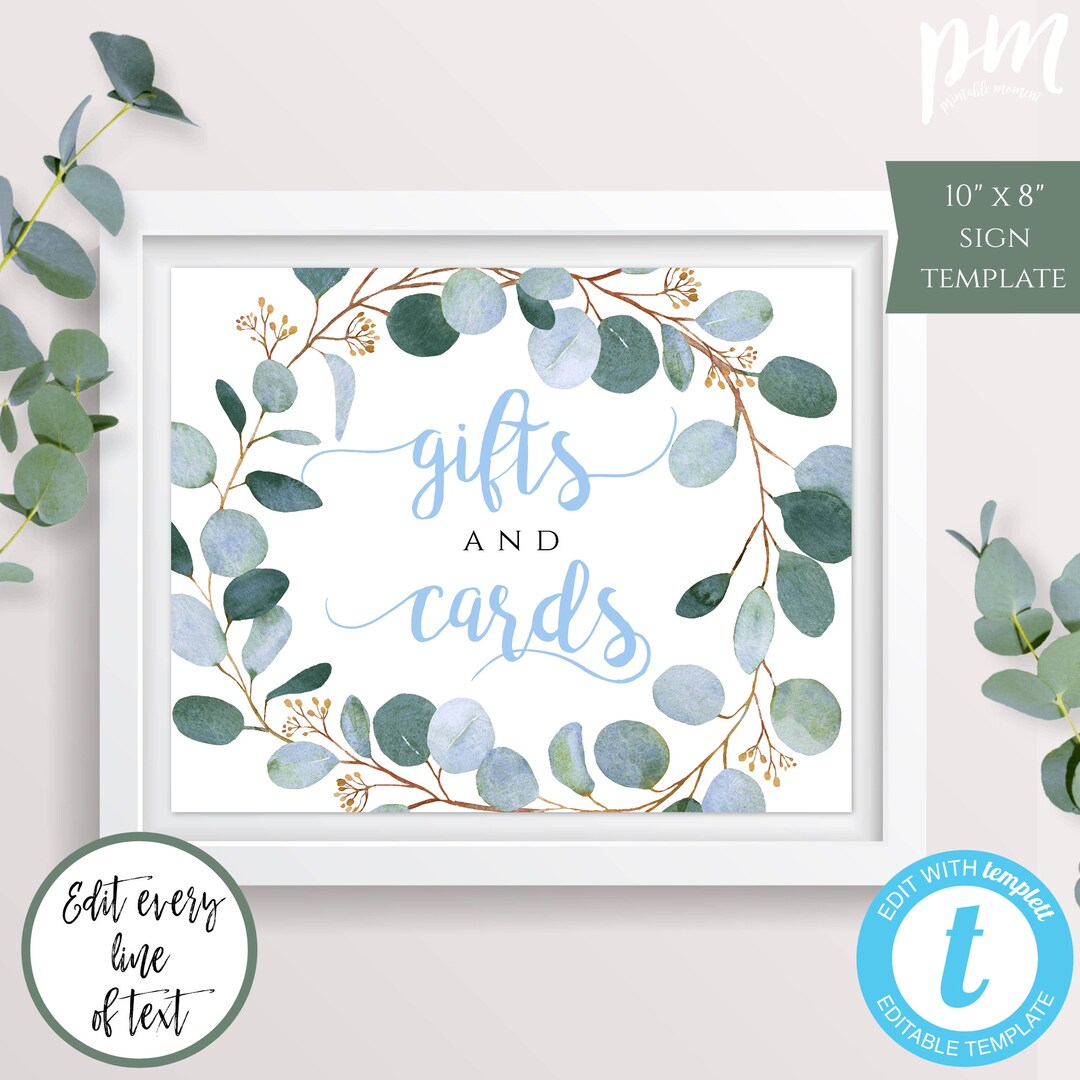 Greenery Gifts and Cards Sign Template, Gifts Sign for Boy Baby Shower ...