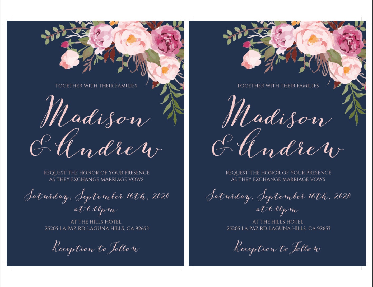Blue And Pink Floral Wedding Invitation Template Suite Floral | Etsy