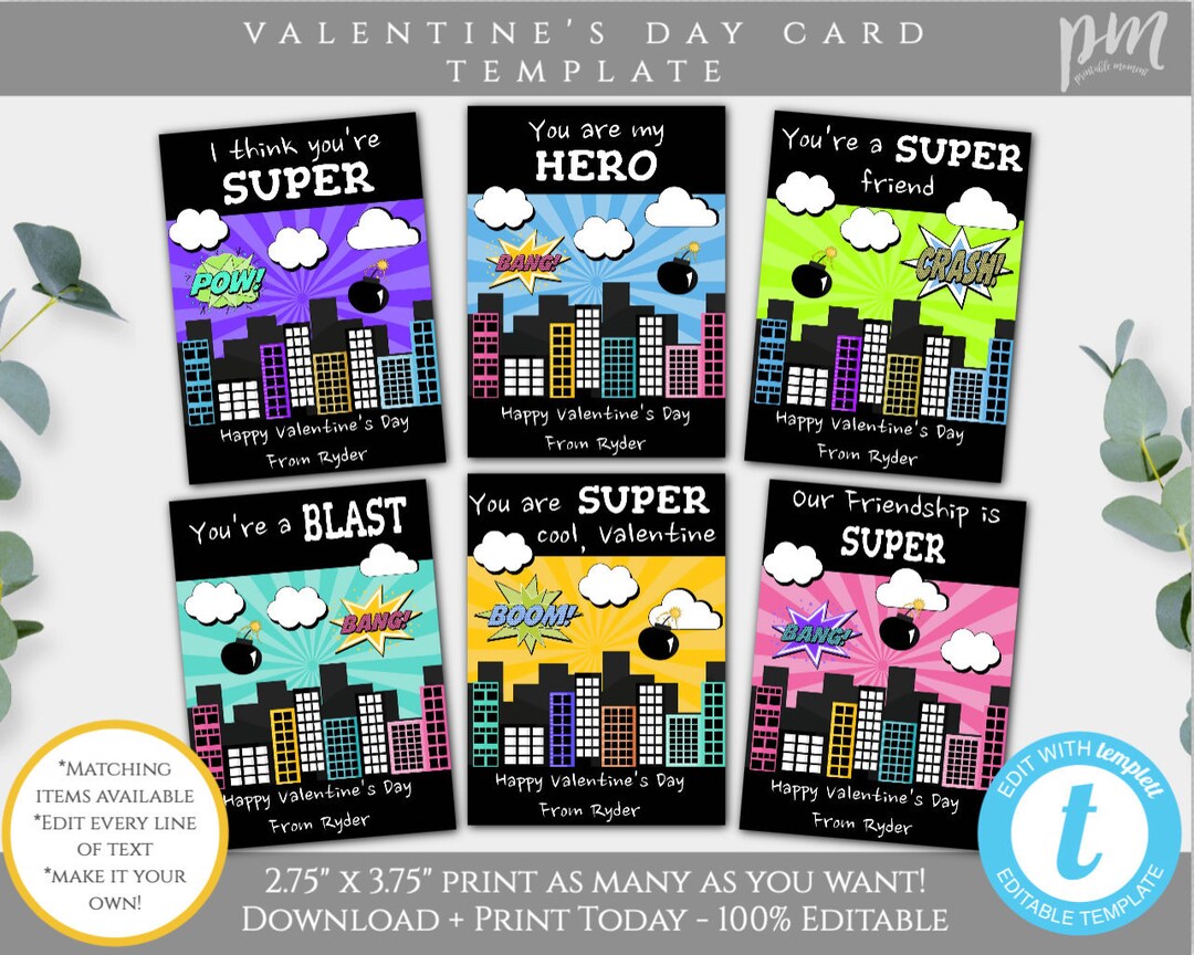 Super Hero Valentines Day Card Template, Superhero Valentine Cards for ...