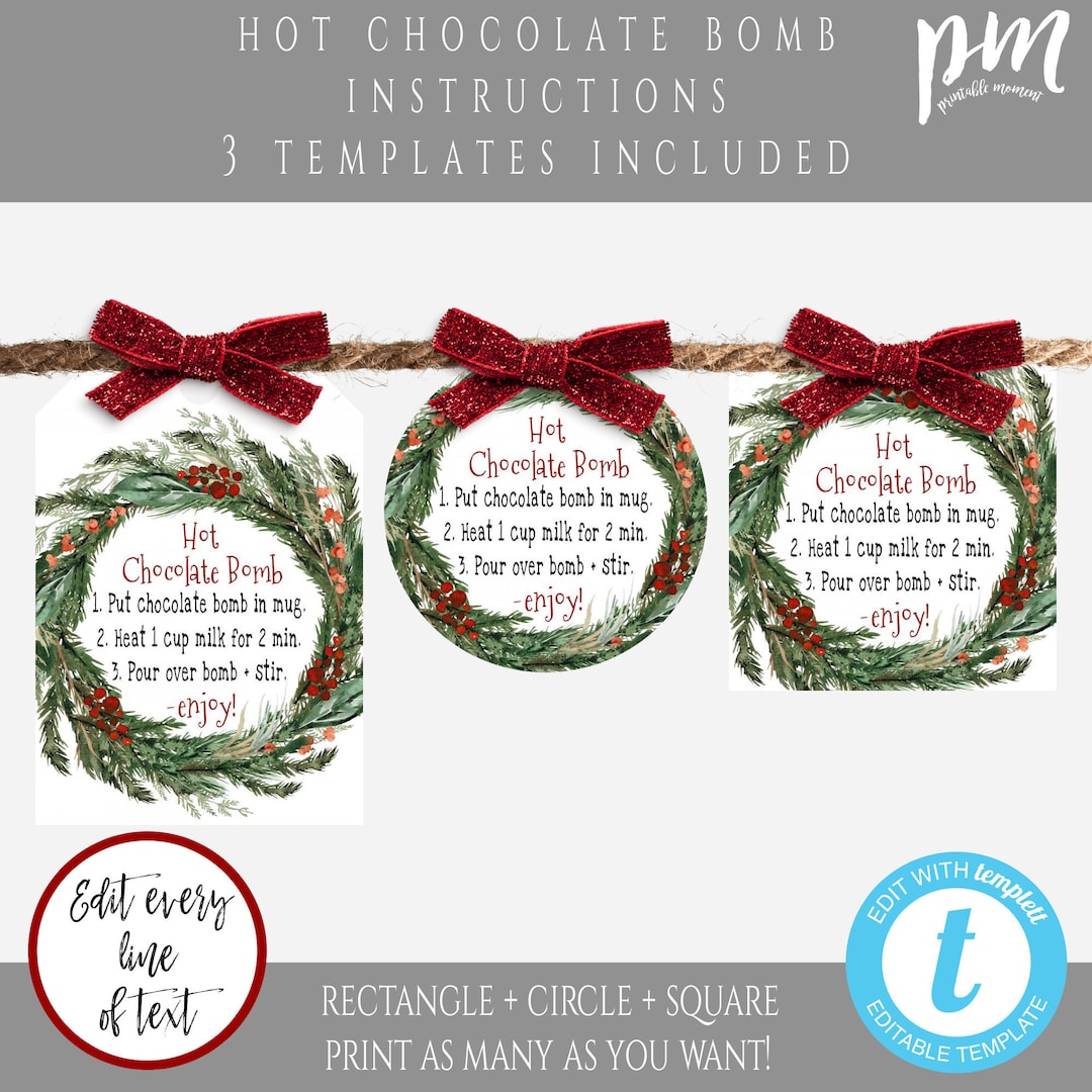 Hot Chocolate Bomb Instructions Favor Tag Template, Hot Cocoa Gift Tags ...