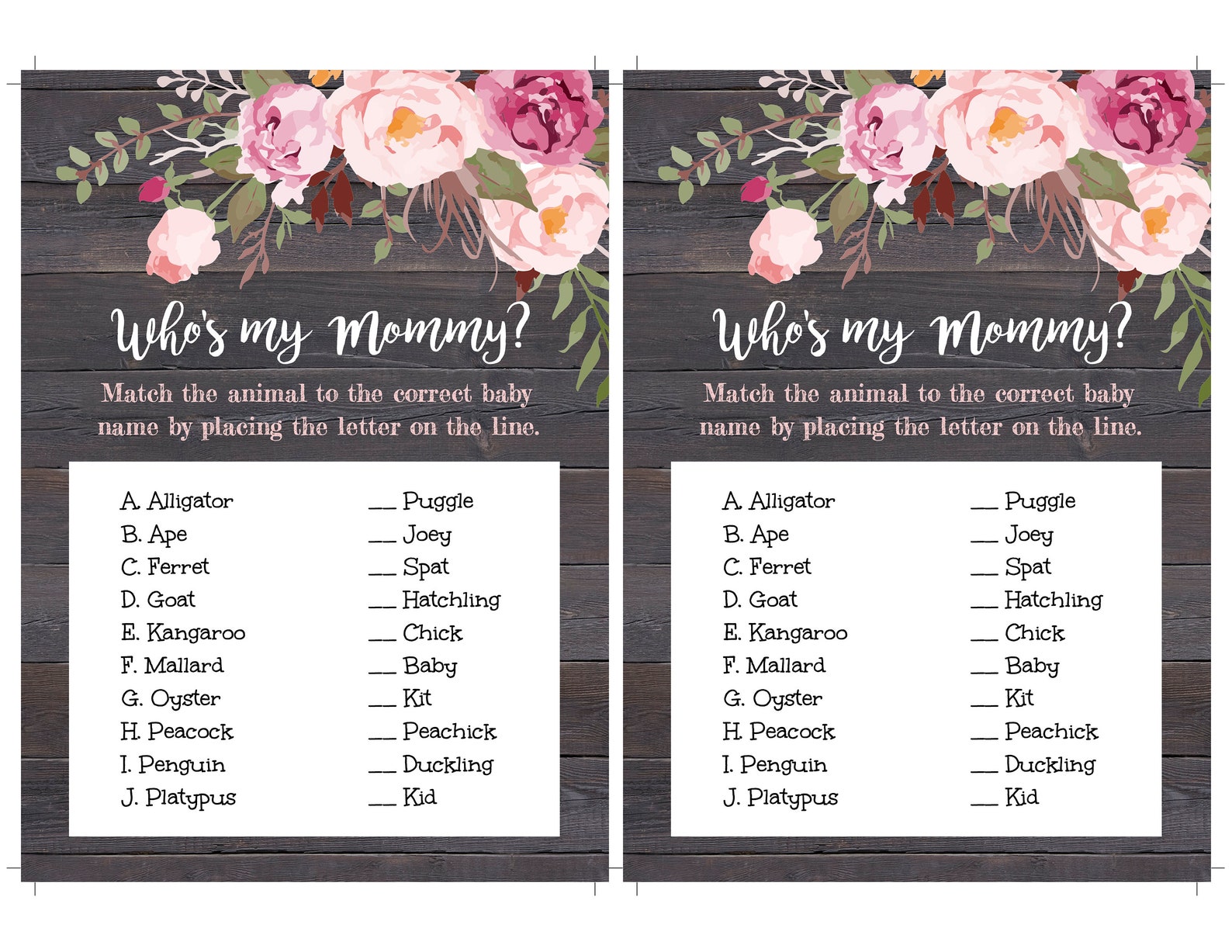 Who's My Mommy Game Template Rustic Floral Baby Shower - Etsy