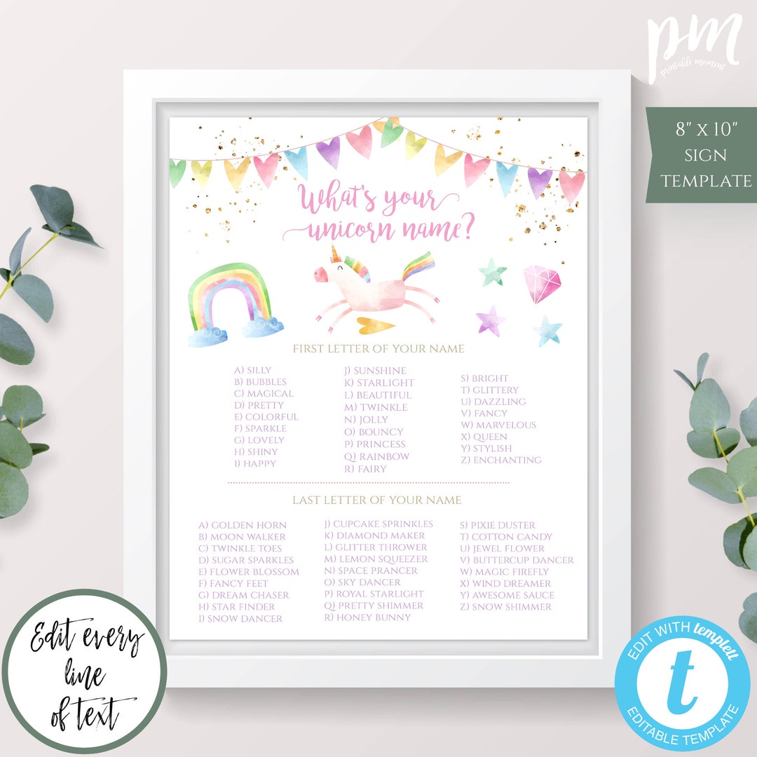 What's Your Unicorn Name Birthday Activity Sign Template 8 X 10 ...