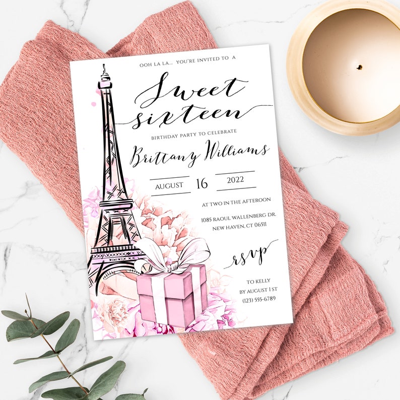 Sweet 16 Invitation Template, Paris Birthday Invite With Back Side ...