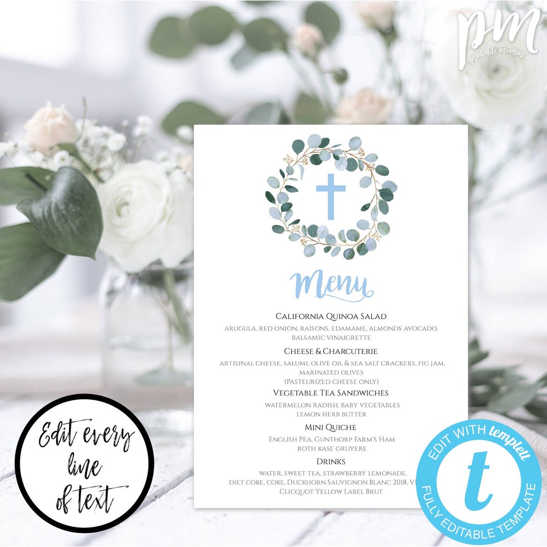 Eucalyptus Baptism Menu Template Greenery Baptism Dinner Menu for Boy ...