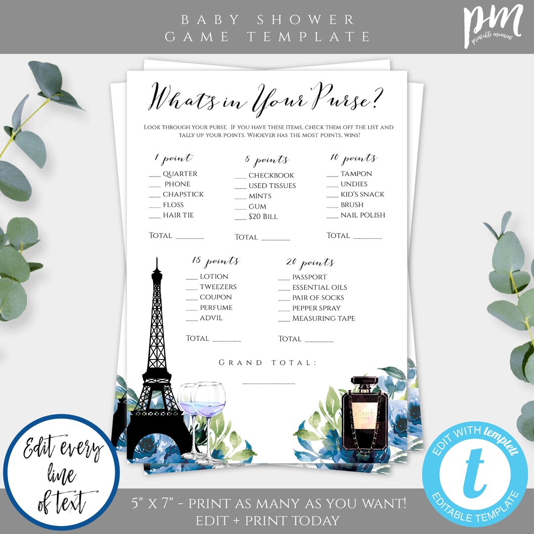 What's in Your Purse Paris Baby Shower Game Template, French Shower ...