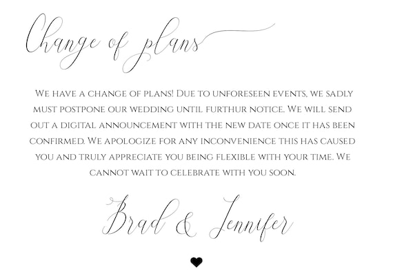 Change of Plans Wedding Postpone Announcement Template Wedding Cancellation Event Change of Plans Change the Date Digital or Print Card Etsy