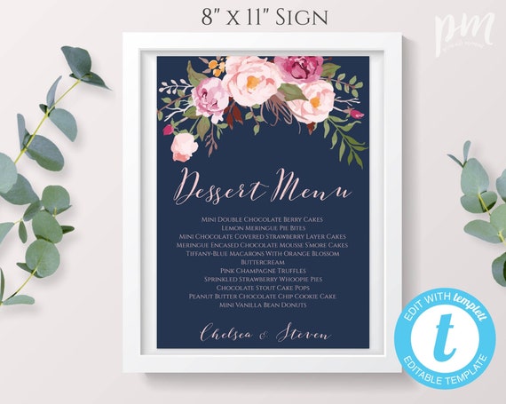 Blue Pink Wedding Dessert Menu Template Printable Dessert | Etsy