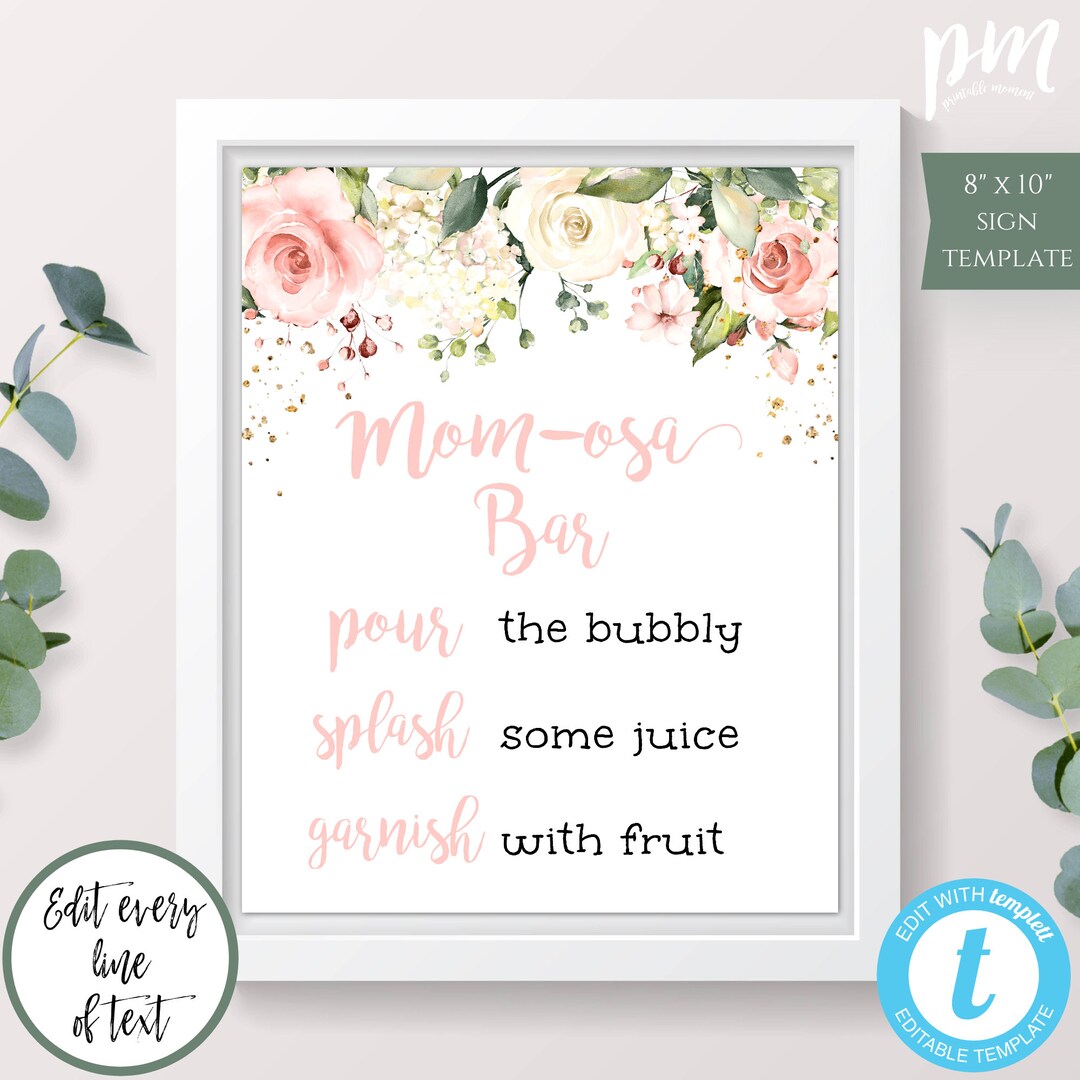 Pink Floral Mom-osa Bar Sign Template, Tea Party Baby Shower Sign With ...