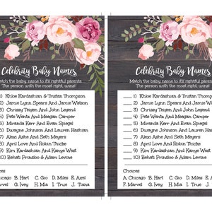 Rustic Floral Celebrity Baby Name Game Template for Girl Baby Shower ...