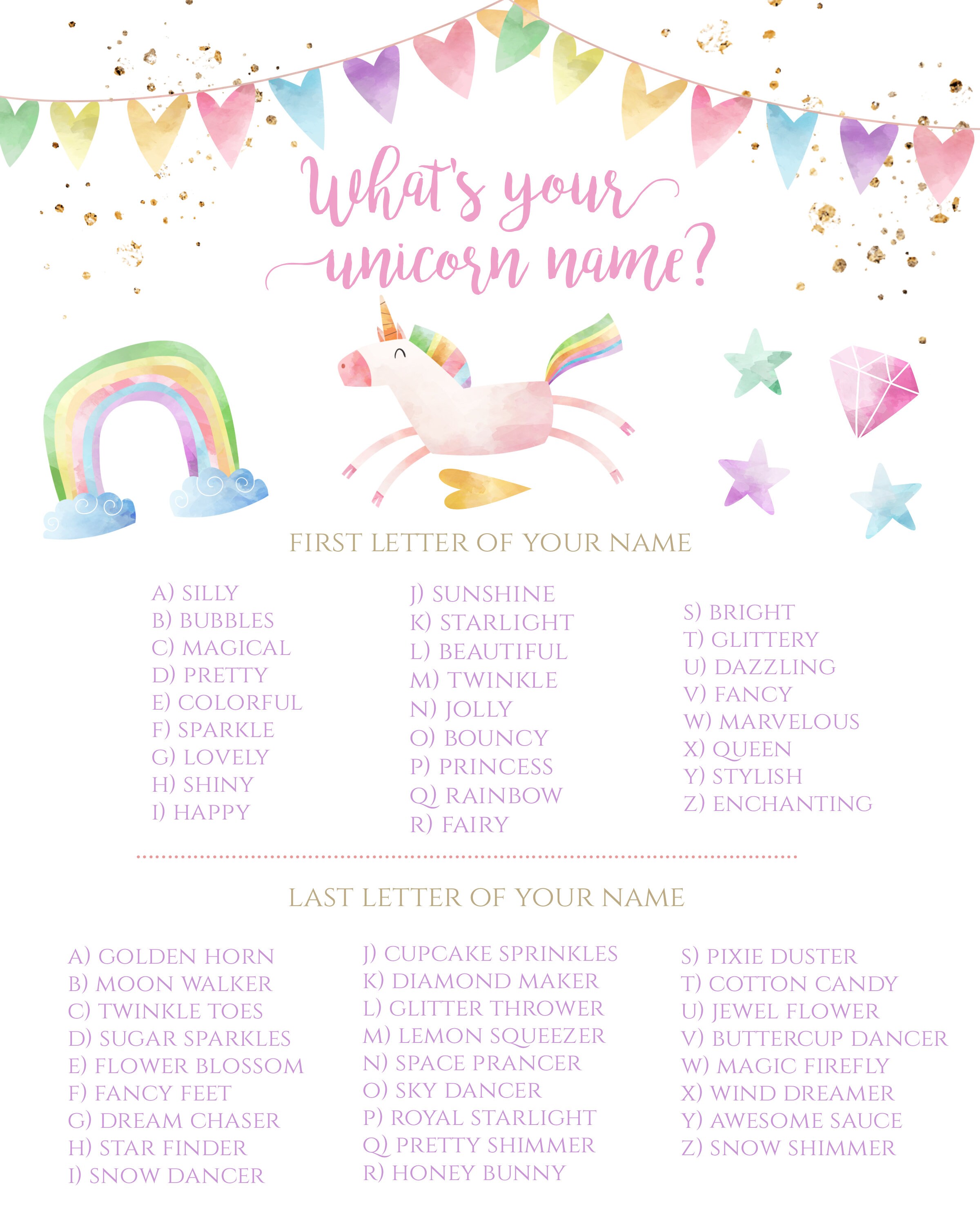 What's Your Unicorn Name Birthday Activity Sign Template 8 X 10 ...