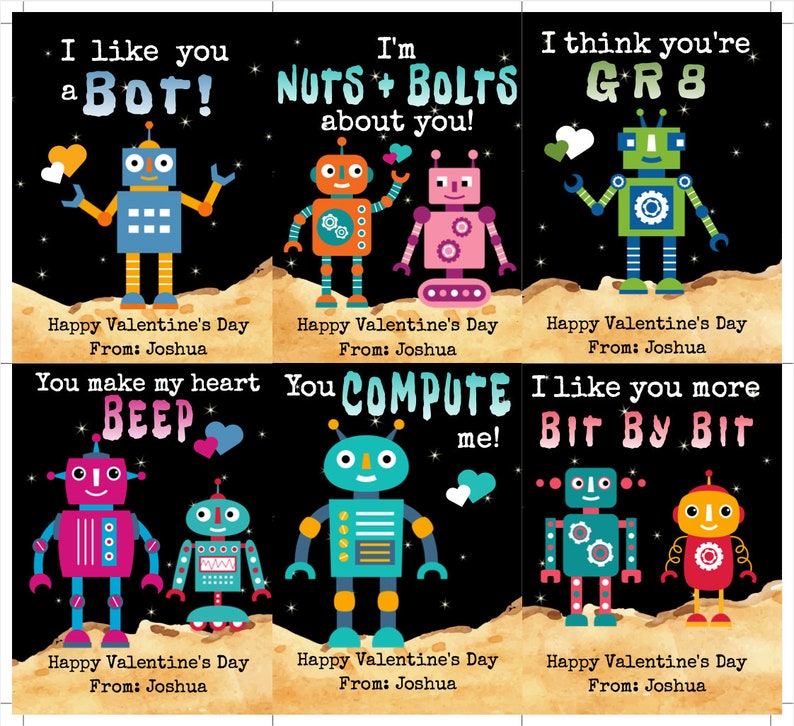 Robot Valentines Day Card Template Robot Valentines Cards for | Etsy