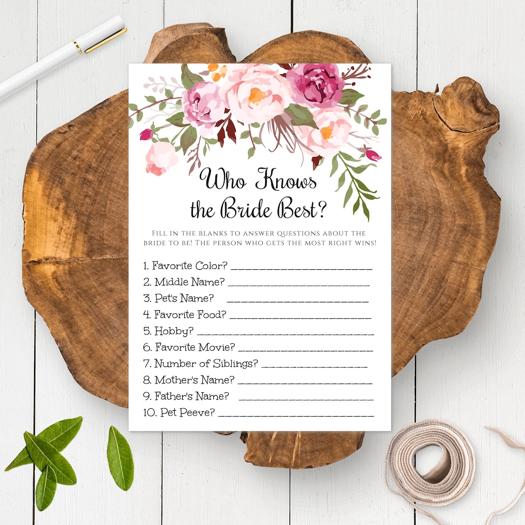 Pink Floral Who Knows the Bride Best Game Template for Bridal Shower ...
