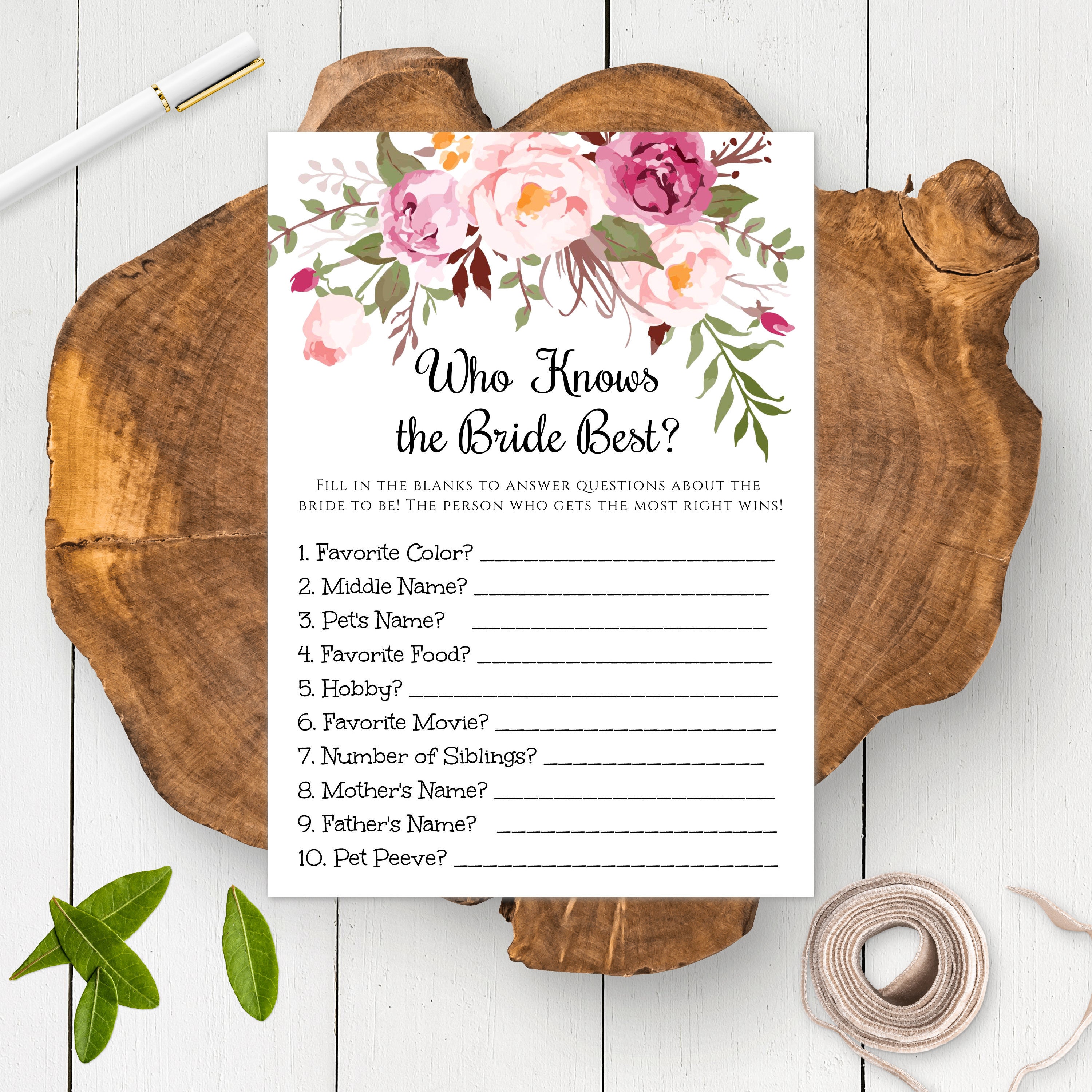 Pink Floral Who Knows the Bride Best Game Template for Bridal | Etsy