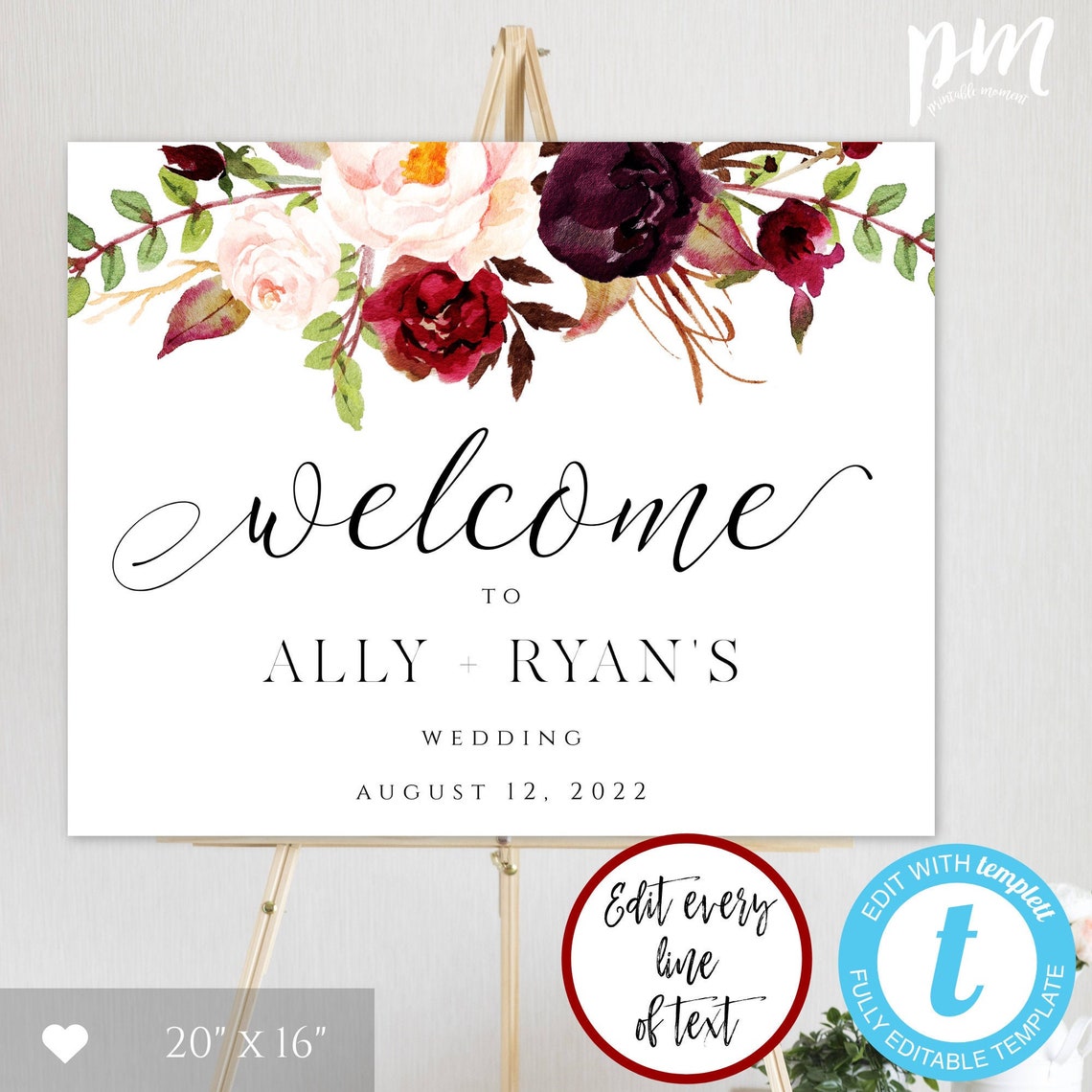 Burgundy Wedding Welcome Sign Template 20 X 16, Landscape Welcome to ...