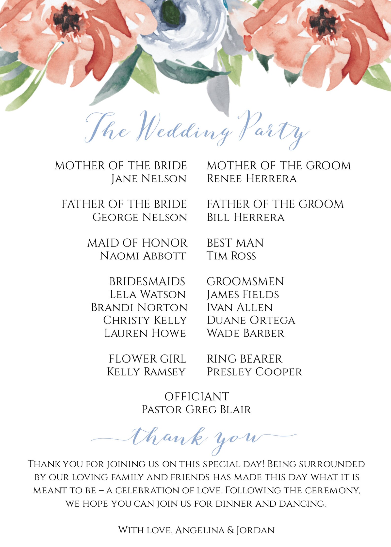 Blue and Coral Floral Wedding Program Template Wedding | Etsy