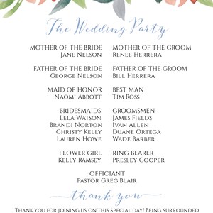 Blue and Coral Floral Wedding Program Template, Wedding Program, Order ...